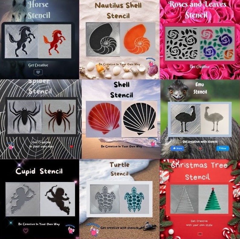 Stencil Mix 2 9 Stencils Horse Shell Roses Spider Nautilus Shell Emu ...