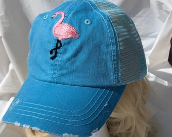Tan Flamingo Cap. Four Flamingos on a Tan Baseball Cap. Flamingo Pink ...