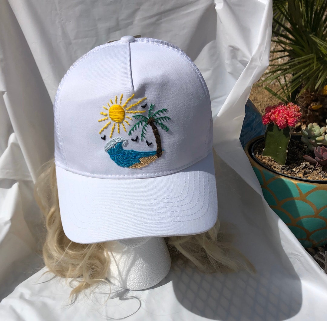 Embroidered Beach Hat, Beach Waves Hat, Beach Trucker Hat, Mesh-back ...
