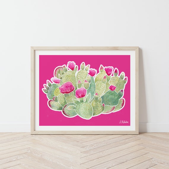 Hot Pink Prickly Pear Cactus Watercolor Print Floral Cactus - Etsy