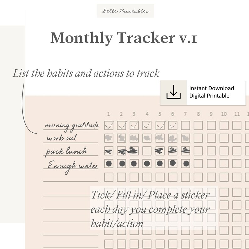 Monthly Tracker V1 Habit Tracker Digital Printable Daily Habits Chart Goal Tracker Habits ...