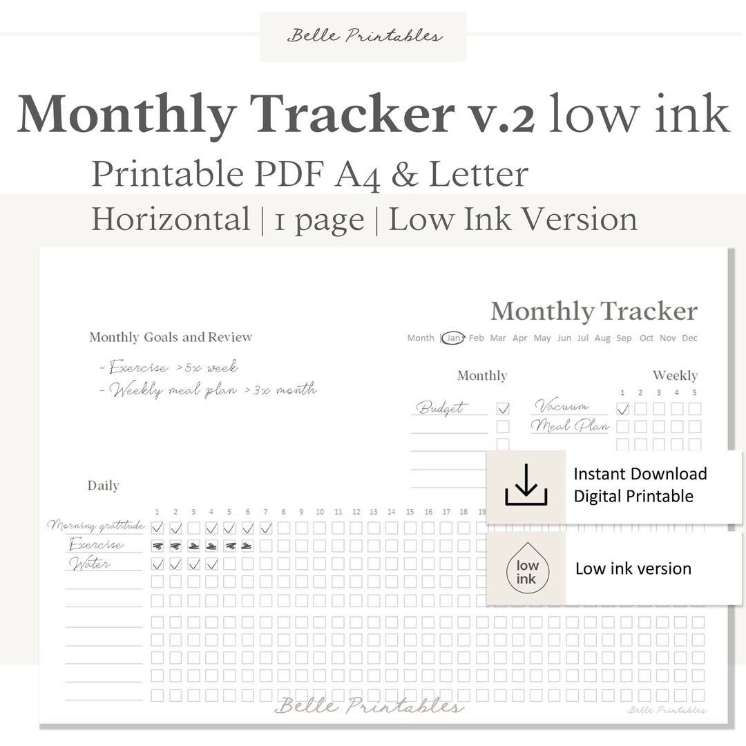 Monthly Tracker V2 Low Ink, Habit Tracker, Digital Printable ...