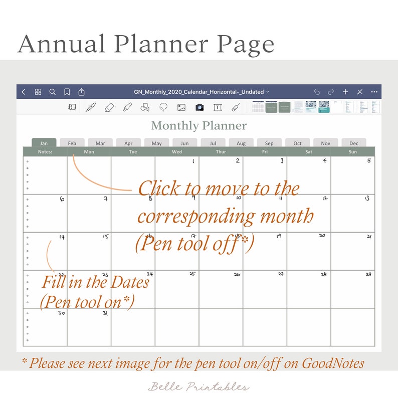 Digital Monthly Planner Horizontal Hyperlinked Undated V1 - Etsy UK