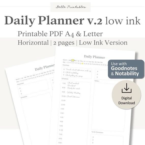Daily Planner Printable V2 Low Ink Minimalistic Design Day | Etsy