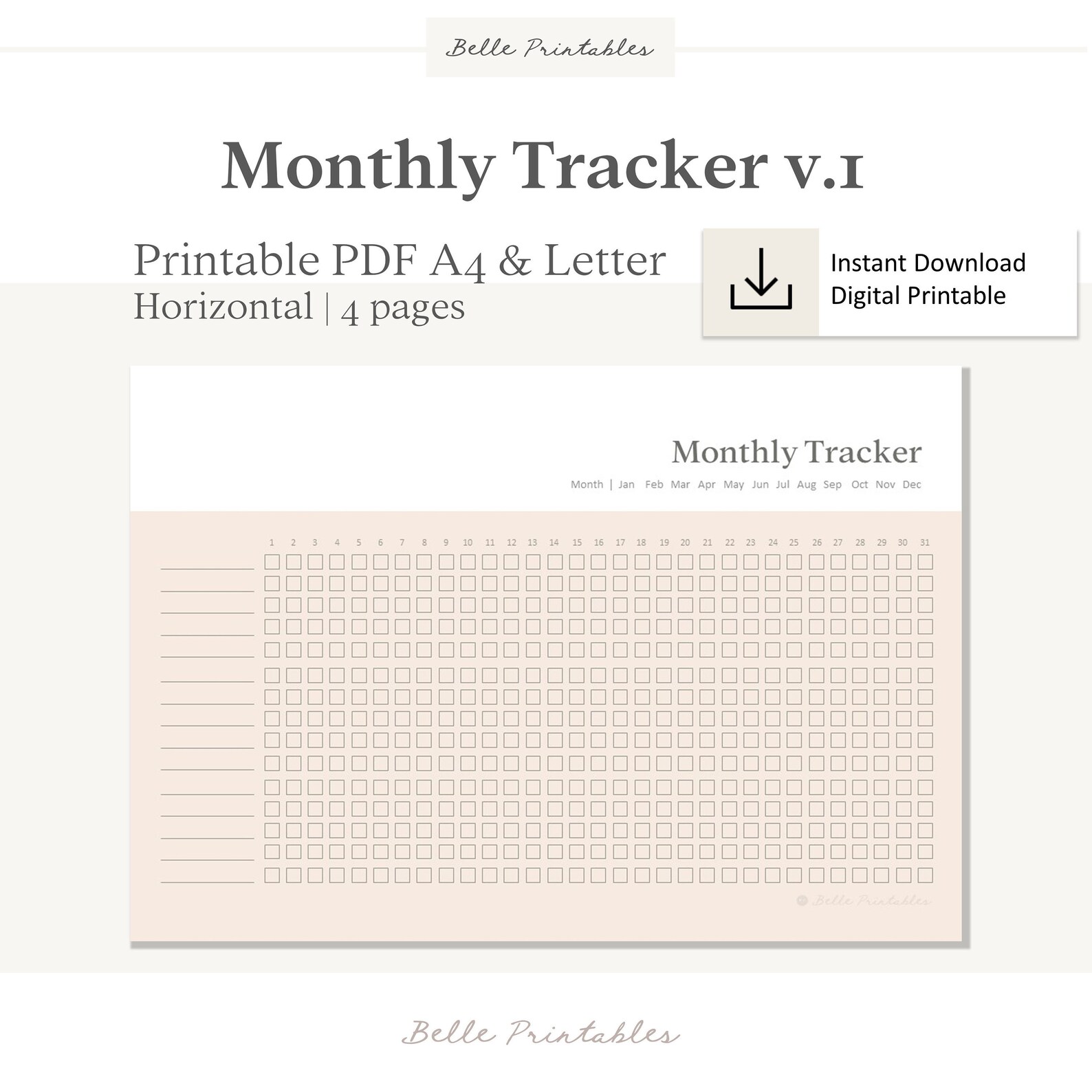 Monthly Tracker v1 Habit Tracker Digital Printable Daily | Etsy