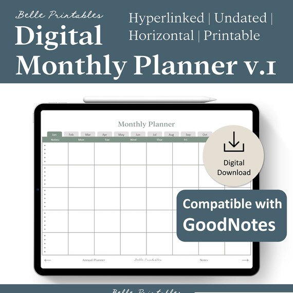 Digital Monthly Planner Horizontal Hyperlinked Undated V1 - Etsy UK