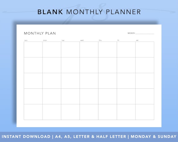 Blank Monthly Planner Printable Blank Calendar Minimalist | Etsy