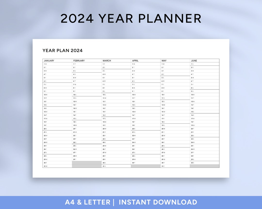 2024 Year Planner, Year at a Glance, Yearly Overview Printable, 12 ...