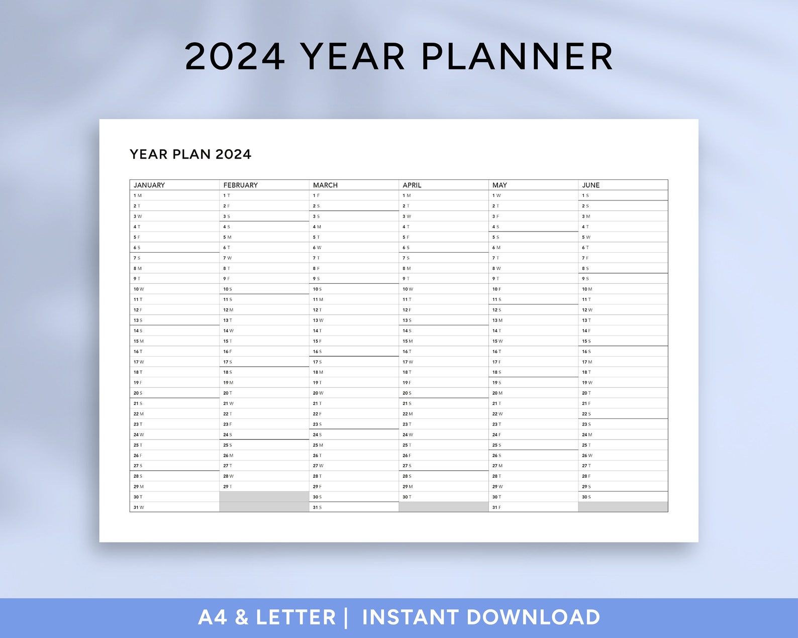 2024 Year Planner, Year at a Glance, Yearly Overview Printable, 12 ...