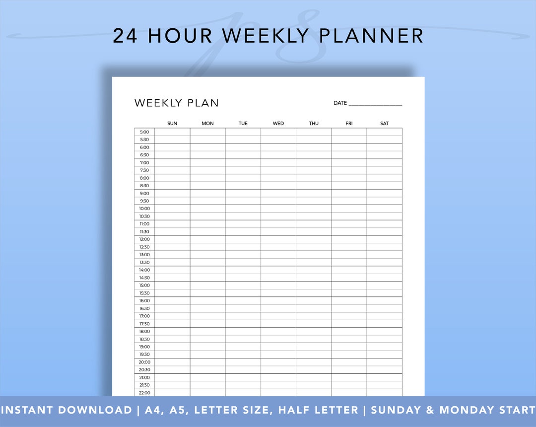24h Weekly Planner, Printable Weekly Agenda, A4, A5, Letter, Half Letter - Etsy