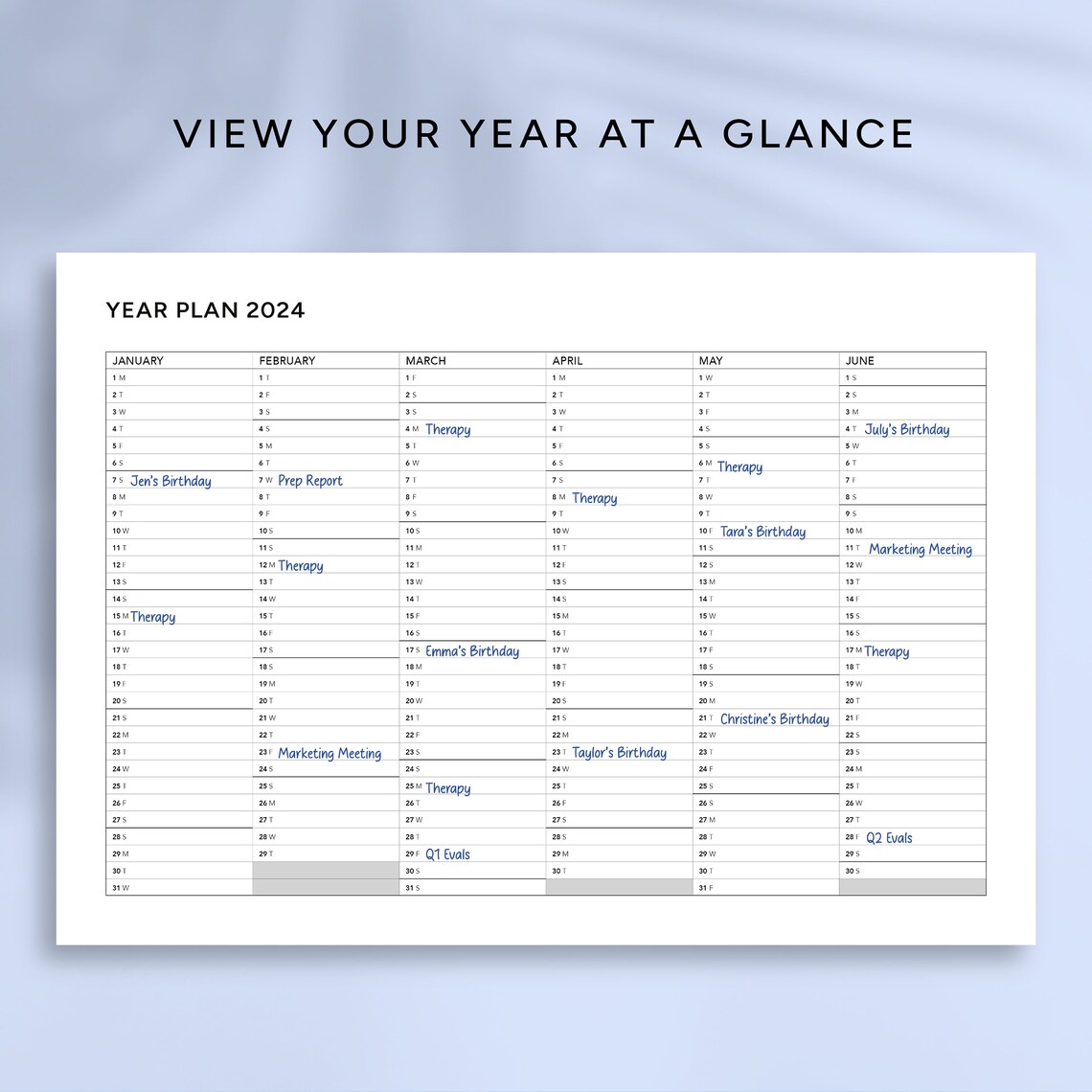 2024 Year Planner, Year at a Glance, Yearly Overview Printable, 12 ...