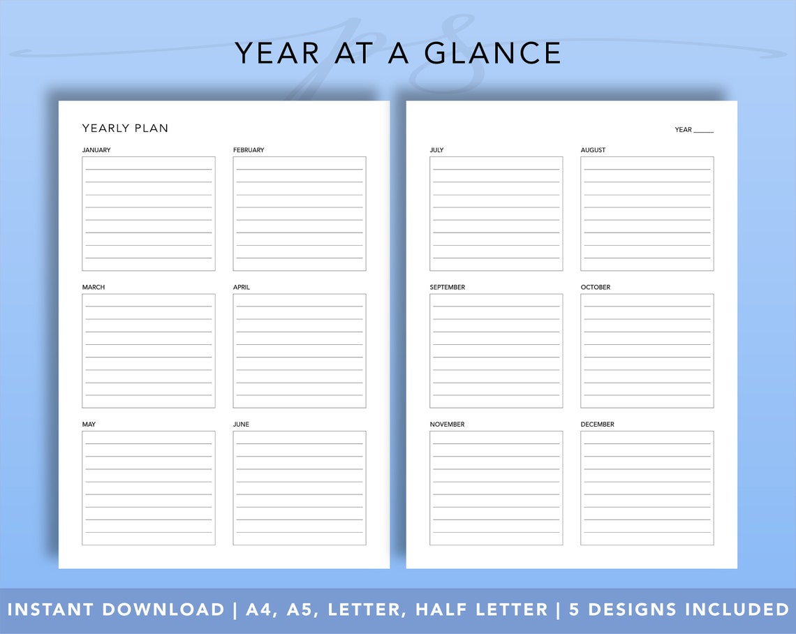 Year at a Glance on 2 Pages Yearly Overview Printable Yearly - Etsy