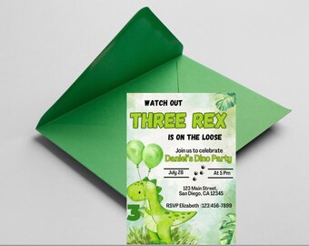 Dinosaur Birthday Party Invitation, Dinosaur Three Rex Third Birthday ...