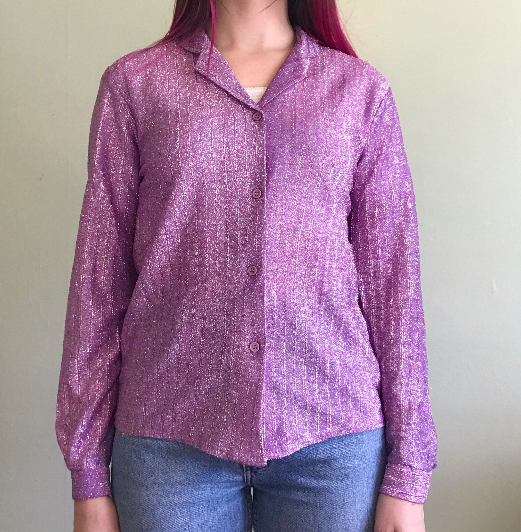 Y2k Metallic Button up Lilac Shirt Magenta Silver Sparkle | Etsy