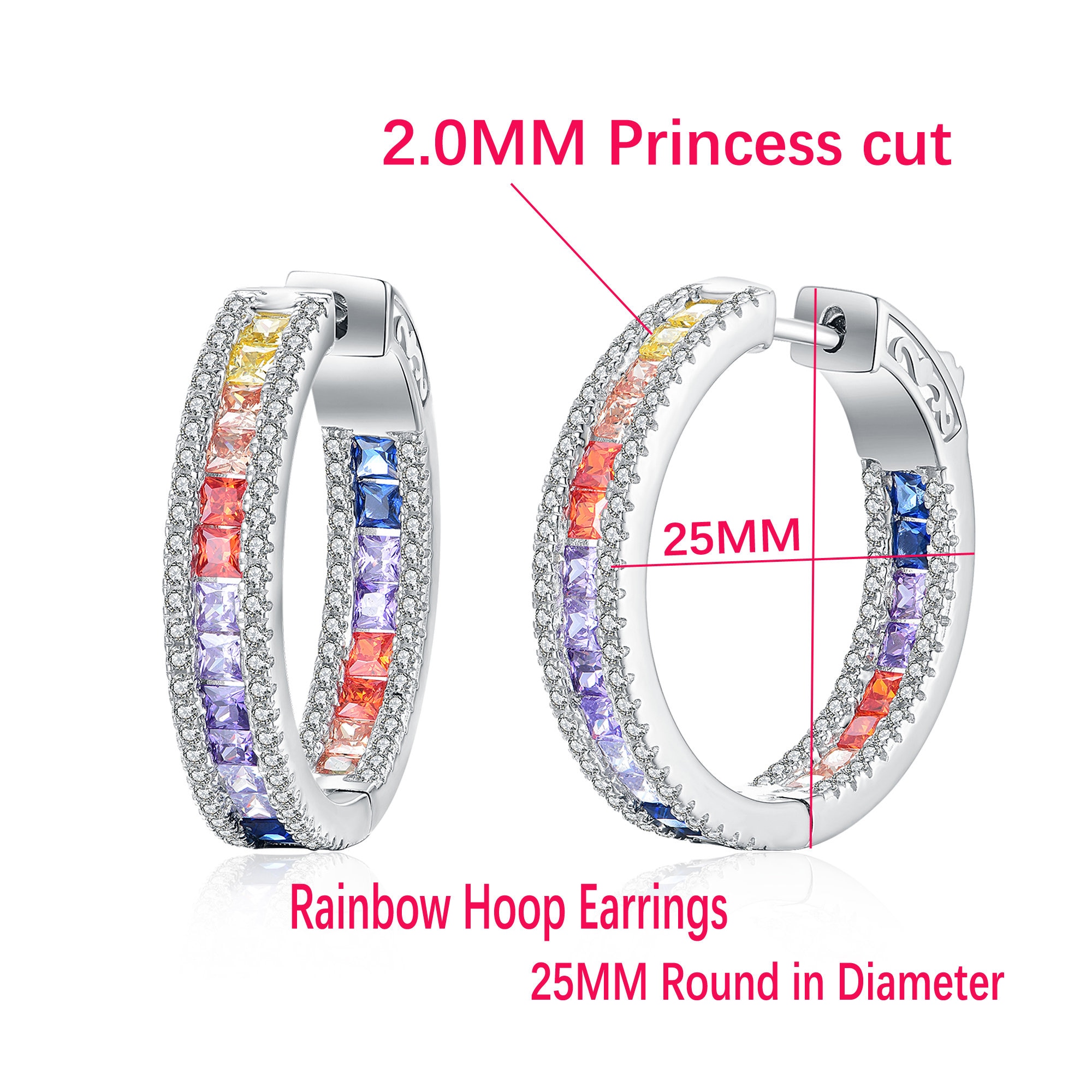 Rainbow Hoop Earrings, 25mm Color Square Cz Hoop Earring, Color Hoops ...