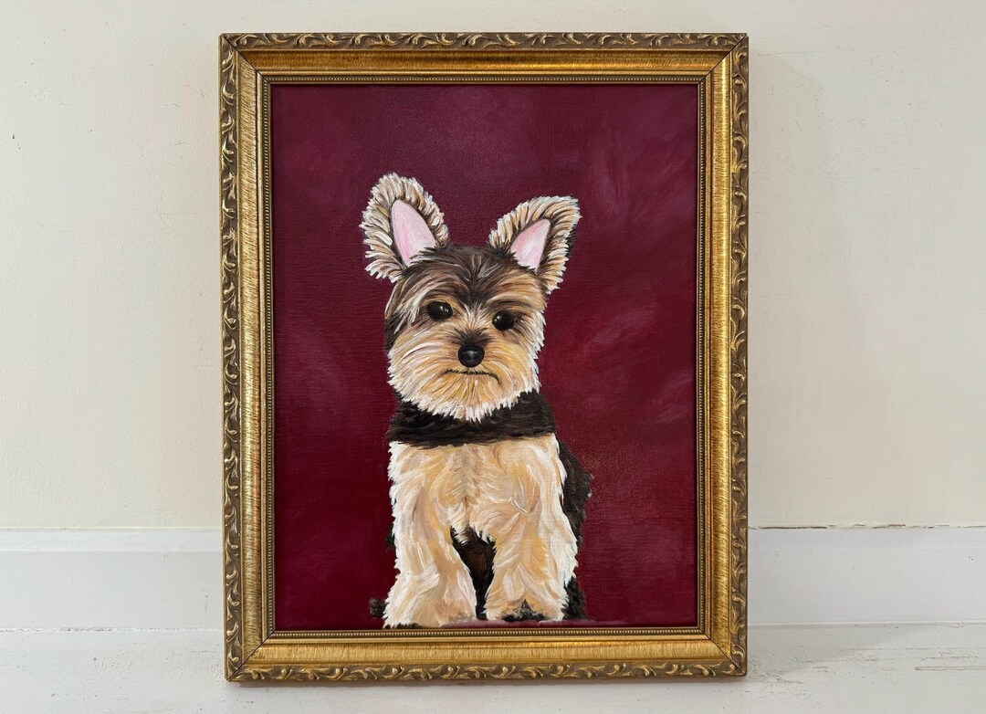 Original Painting Yorkie Puppy Naive Art Dog Pet Portrait Framed ...
