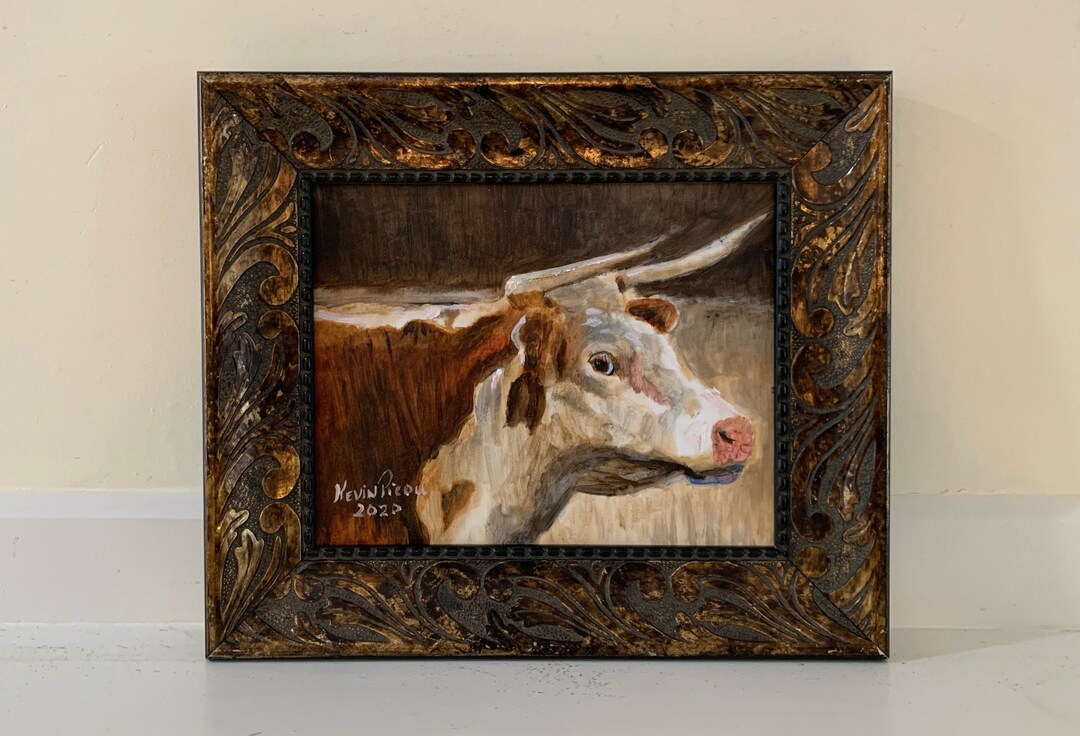 Original Oil Painting Cow Framed Small Animal Pet Portrait Wide Eyed ...