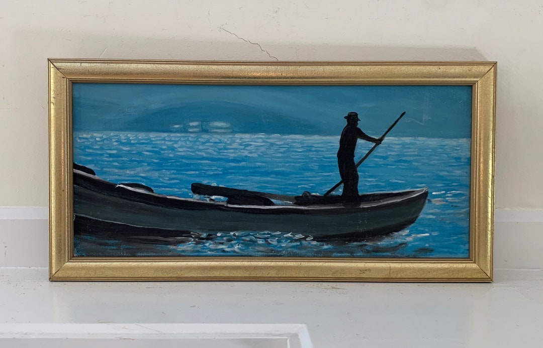 Nautical Oil Painting Framed Long Narrow Seascape Silhouette Man Push ...