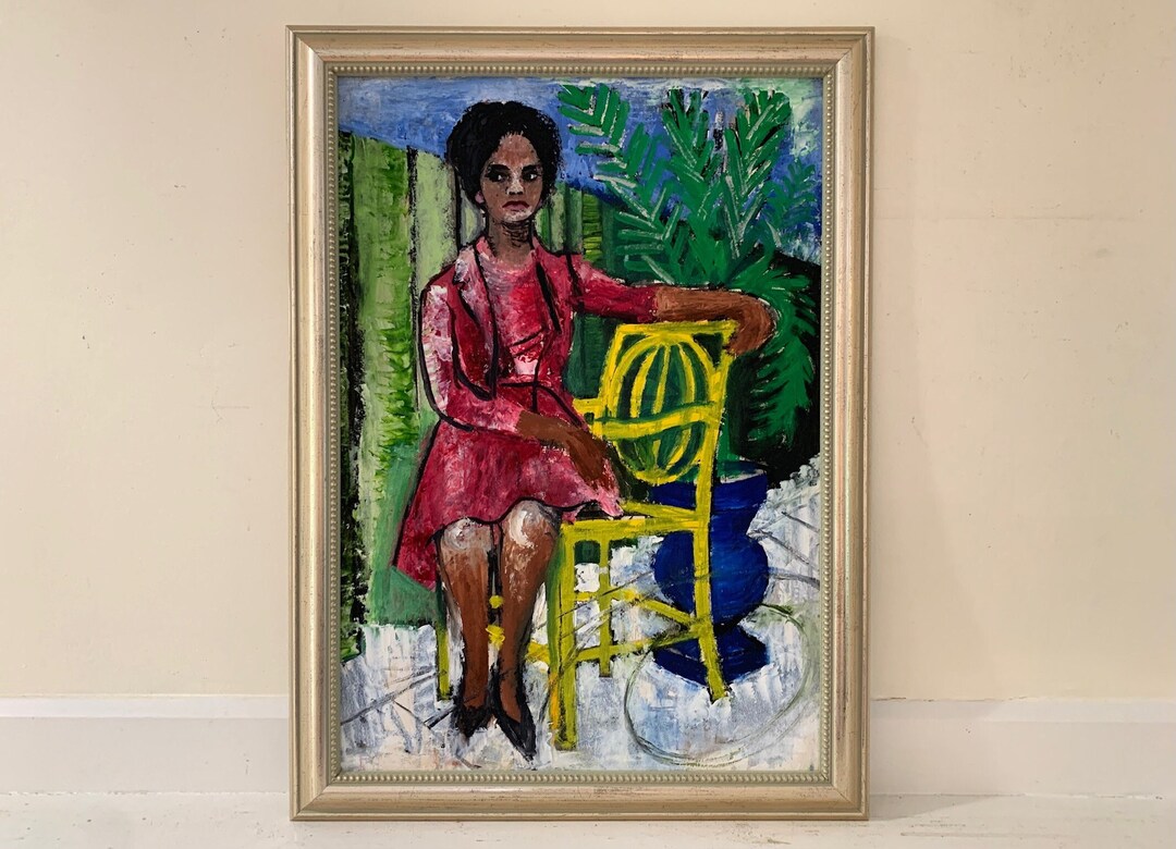 Vintage Female Portrait; Expressionist Original Long Narrow Framed Oil ...
