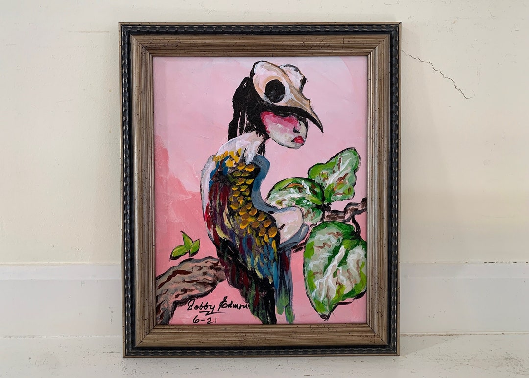 Original Surreal Painting; Outsider Art Framed Pink Female Portrait ...