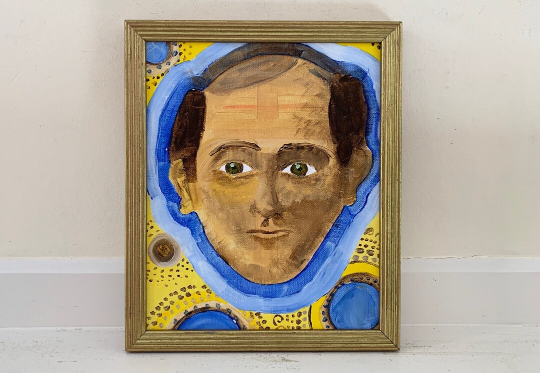 Outsider Art Painting Original Vintage Psychedelic Abstract Retro Framed Oil Male Portrait Bald ...