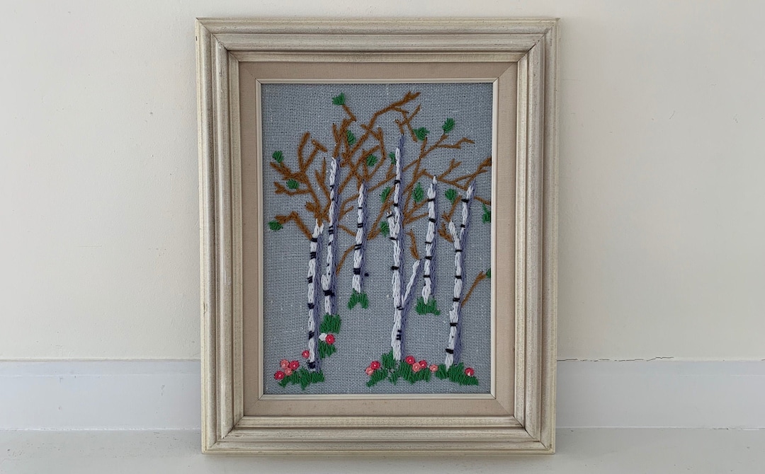 Vintage Framed Crewel Embroidery Original Birch Tree Forest Spring Leaf ...