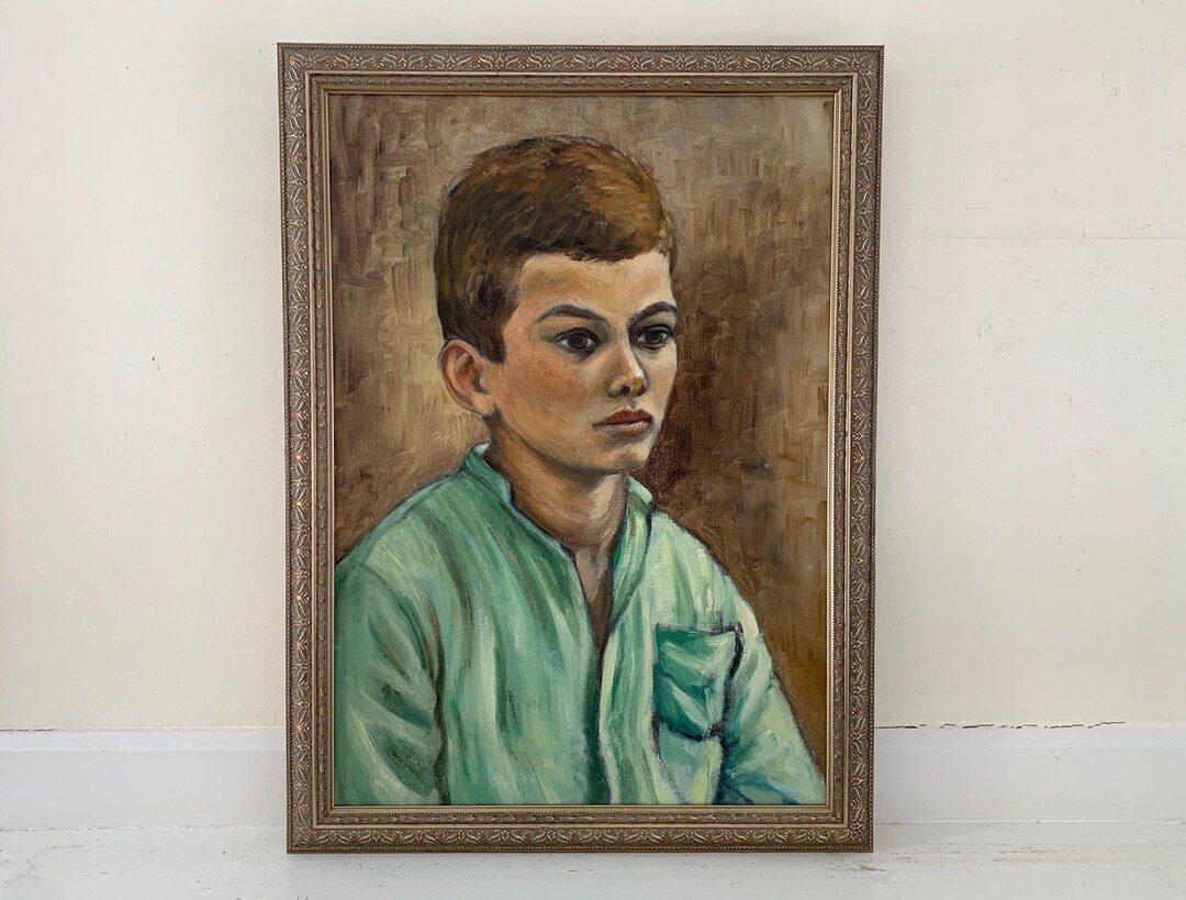 Mid-century Original Portrait, Vintage 1960 Male Painting, Framed Long ...