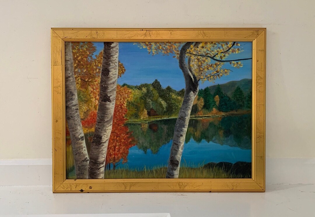 Vintage Fall Landscape Painting, Original 1960s Framed Oil, Lake ...