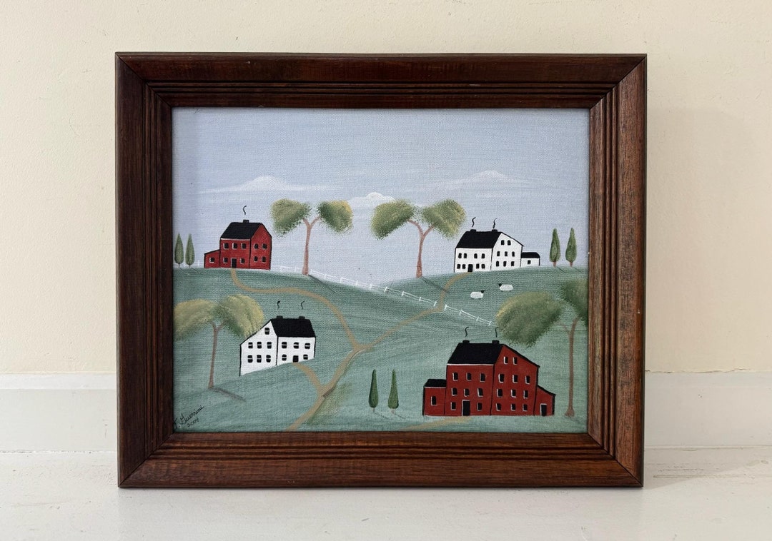 Vintage Original Painting Maine Primitive Folk Art Framed Landscape ...