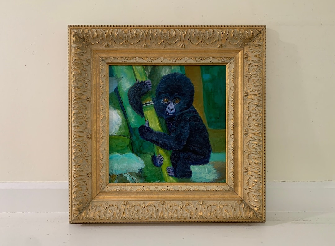 Original Adorable Animal Painting Framed Sweet Scared Ape Primate ...