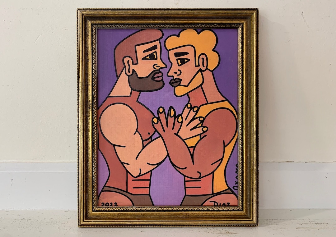 Cubist Gay Male Portrait Oil Painting Original Gold Framed Modern Queer ...