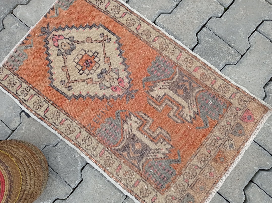 Small Orange Gray Vintage Rug: Turkish Oushak Wool Rug (1'6x2'6) - Etsy