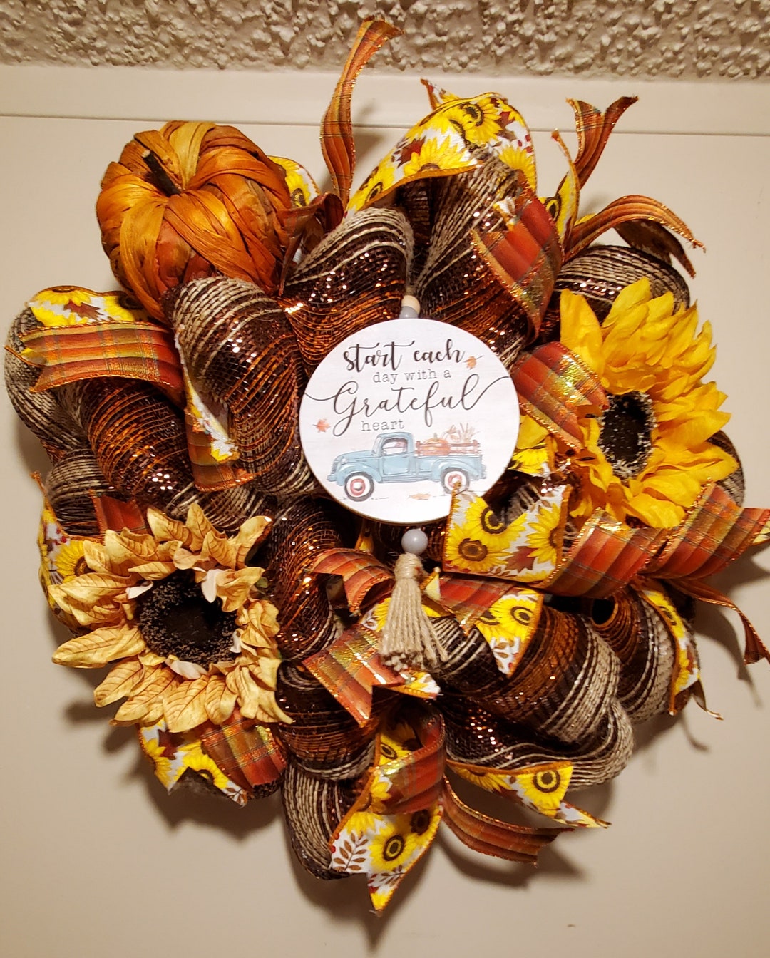 Fall Deco Mesh Wreath, Sunflowers, Ribbon, Autumn, Yellow, Orange ...