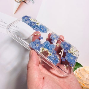 Blue Flower Pressed Flower Phone Case for iPhone 16 Pro Max 16e 15 ...