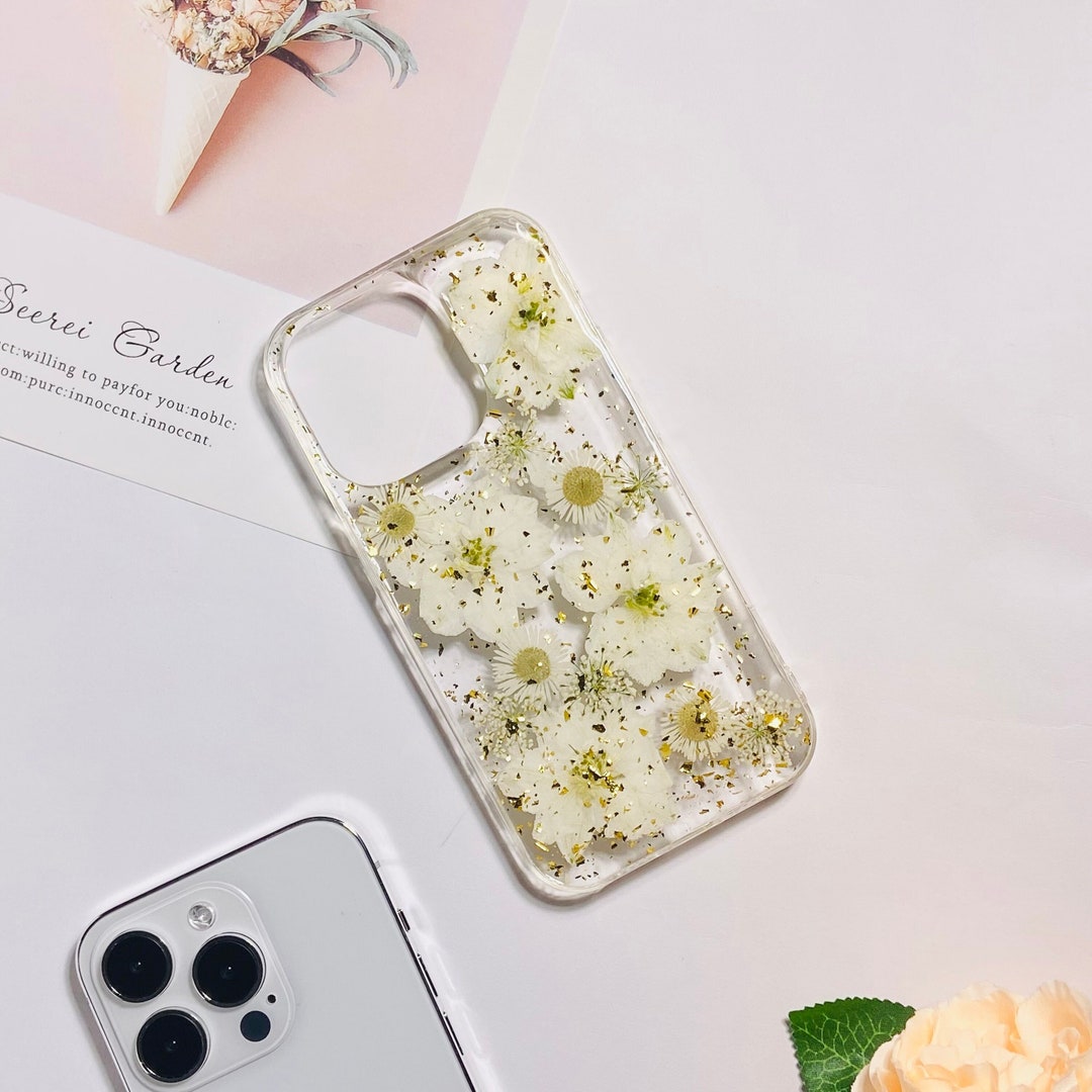 Pressed Flower Gold Foil White Flowers Phone Case for iPhone 15 Pro Max ...