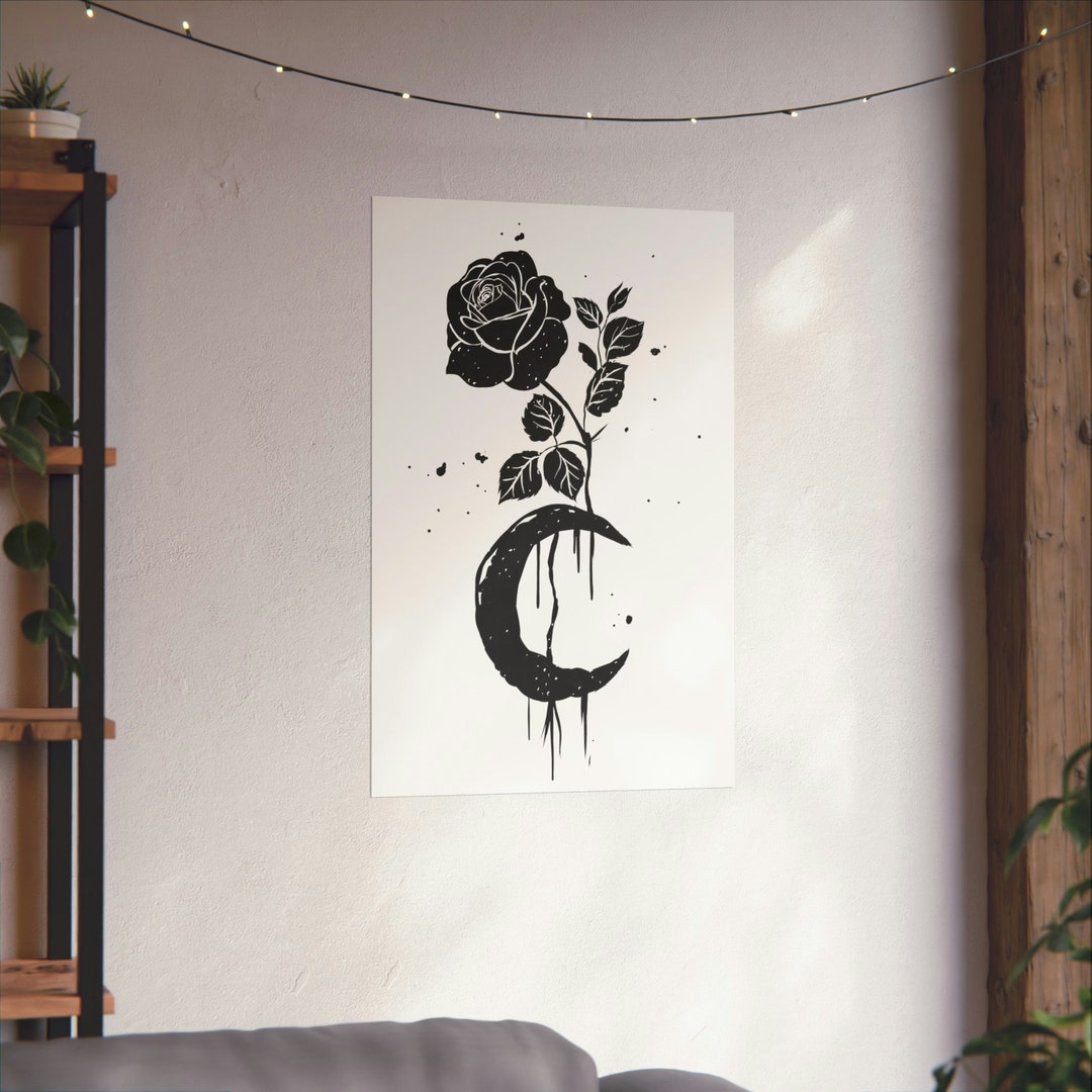 Grunge Rose and Crescent Moon Poster Monochromatic Gothic Art, Symbolic ...