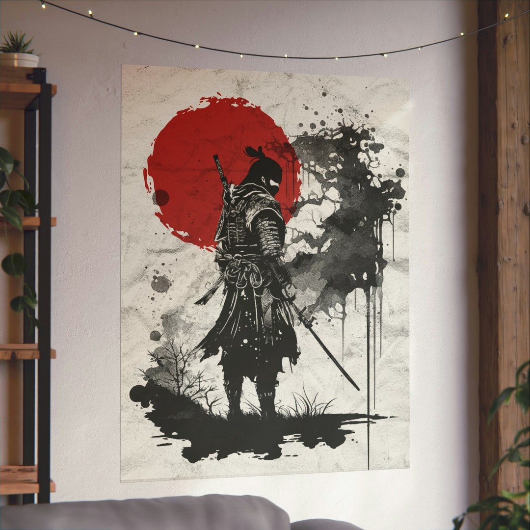 Samurai Warrior Poster Traditional Armor & Red Sun Backdrop, Japanese ...