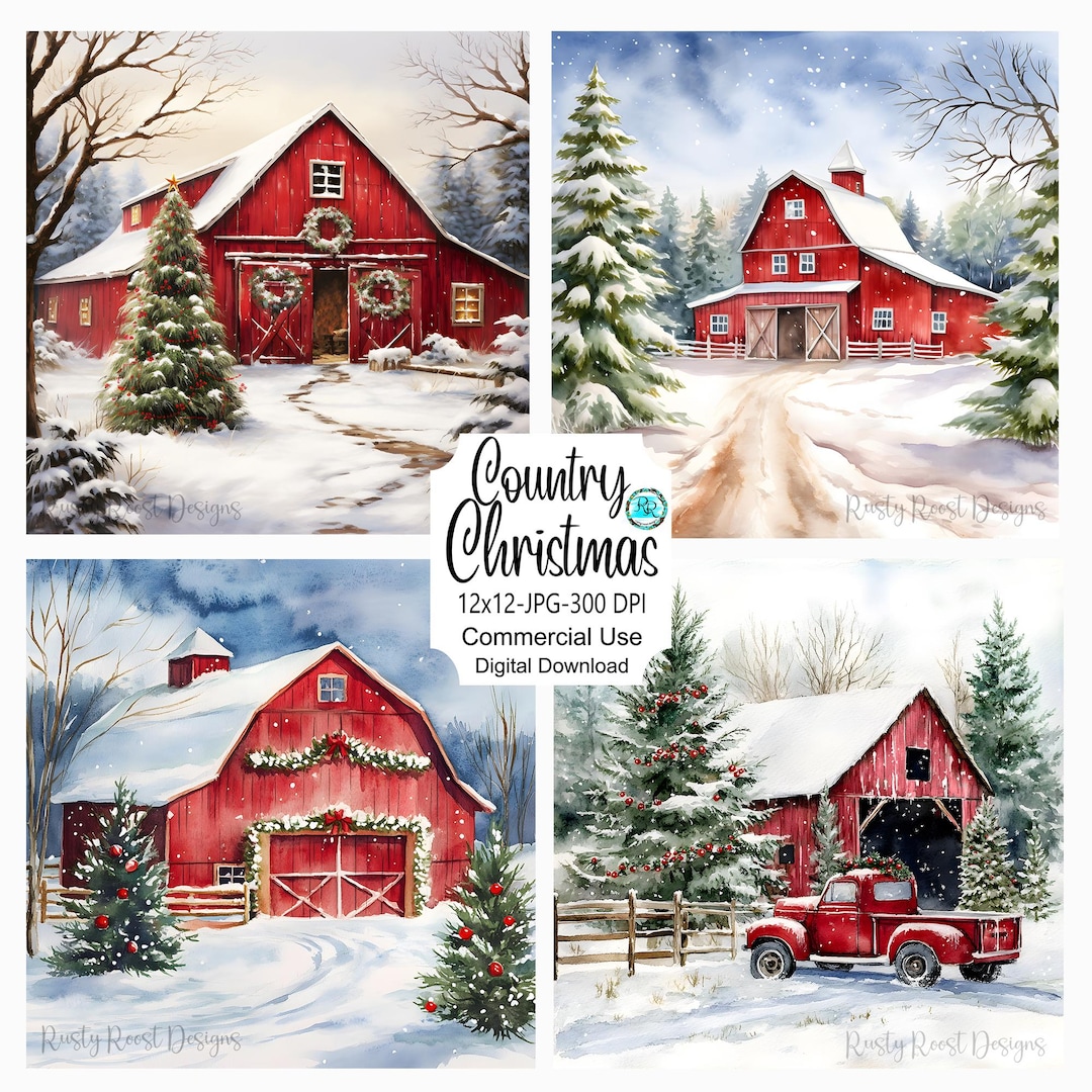 Country Christmas Digital Paper, Red Barn Christmas, Scrapbook Digital ...
