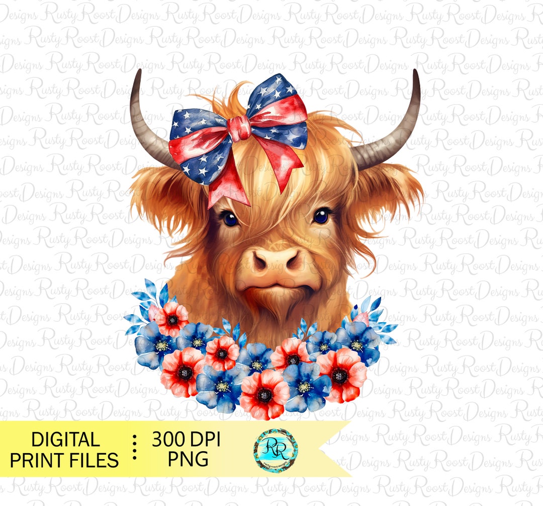 Patriotic Highland Cow Png, 4th of July, Sublimation Design, Cow With a ...