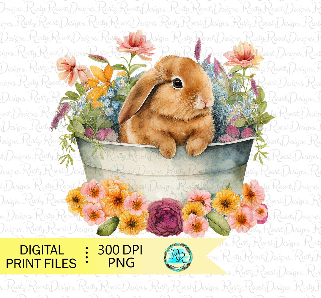 Bunny in Basket Png, Easter Sublimation Designs, Bunny With Flowers ...