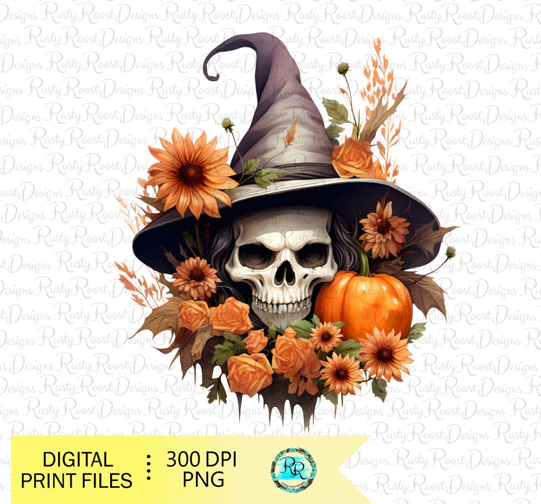 Skull Witch Png, Halloween Sublimation Design PNG, Witch Hat Png ...