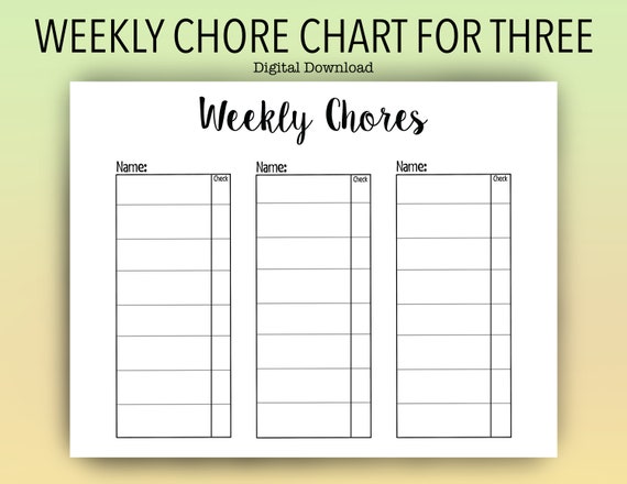 Kids Printable Chore Chart for Three People / Weekly Chores / | Etsy