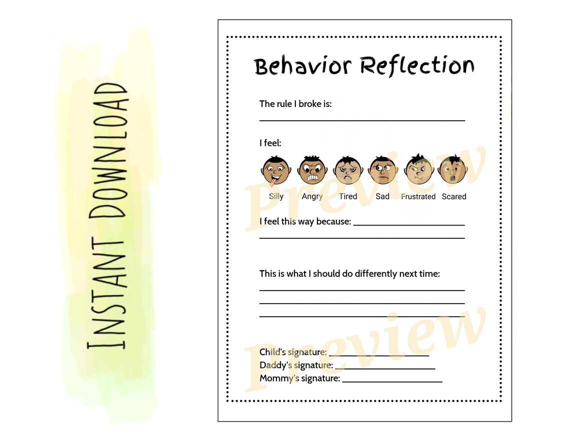 Kids Printable Behavior Reflection / Think Sheet / instant | Etsy