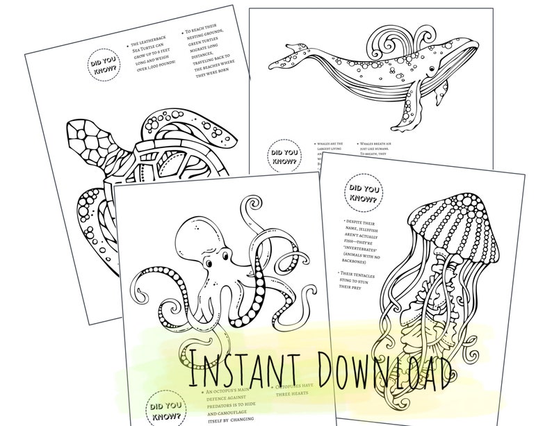 Printable Underwater Animals Coloring Pages/ Educational Kids / Set of ...