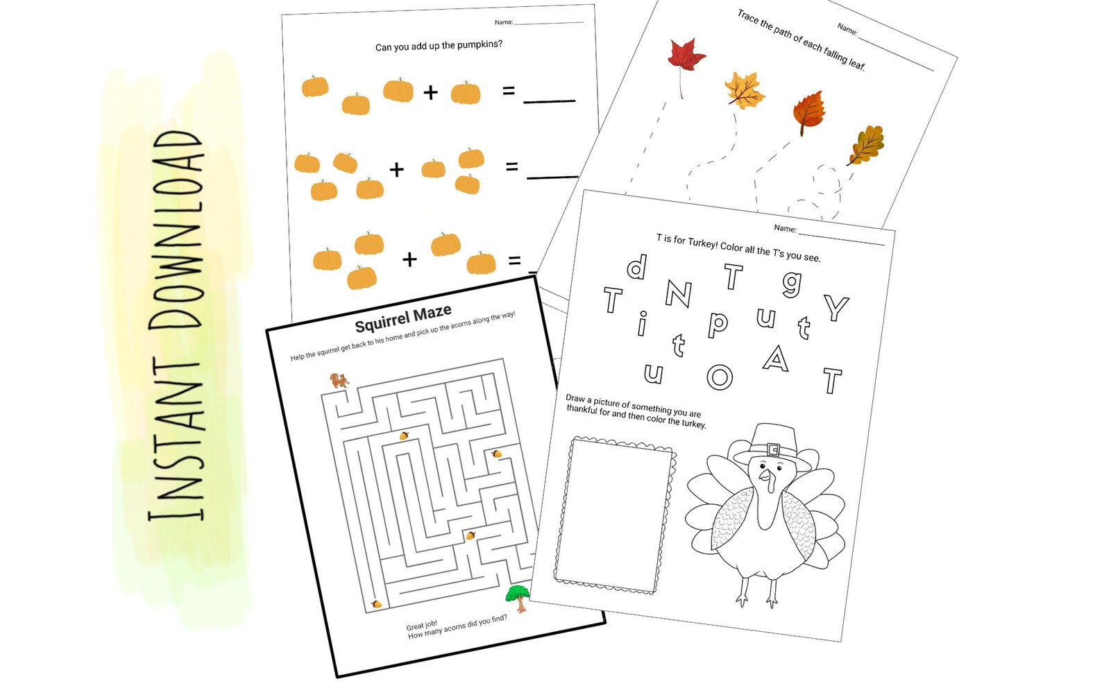 Printable Thanksgiving Activity Pages/ Kids / Set of 4 Fall Worksheets ...