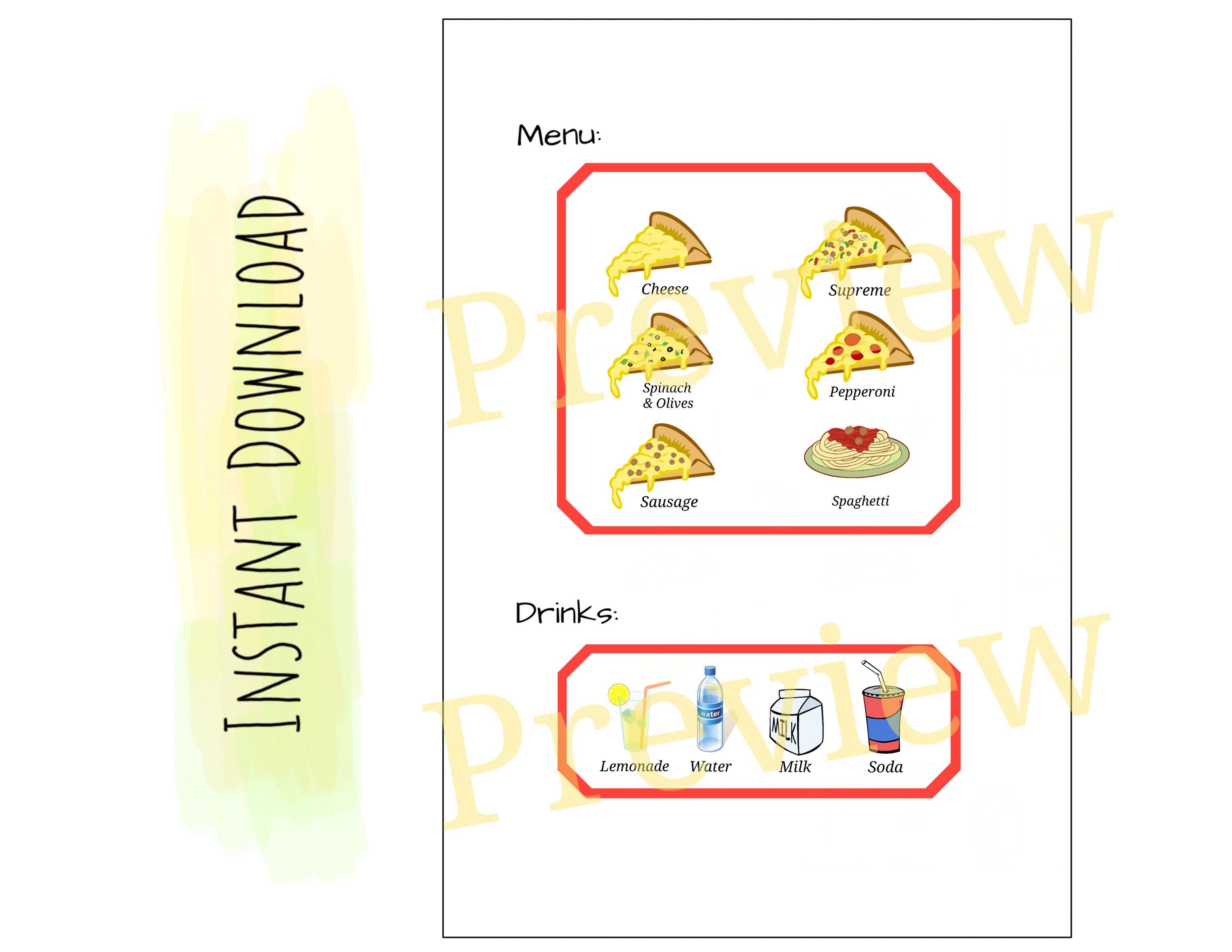 Kids Printable Restaurant Pizza Menu/ Pizzeria / Pretend Play - Etsy