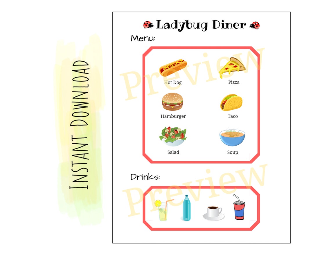 Kids Printable Restaurant Menu/ Preschool Diner / Pretend Play - Etsy