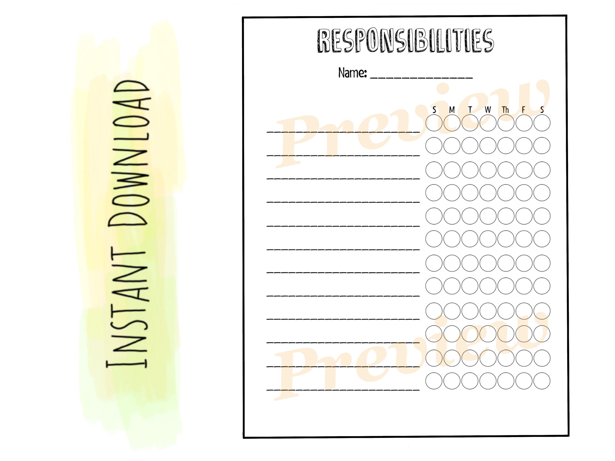Kids Printable Responsibilities Chart / Weekly Chores / Blank Reward ...