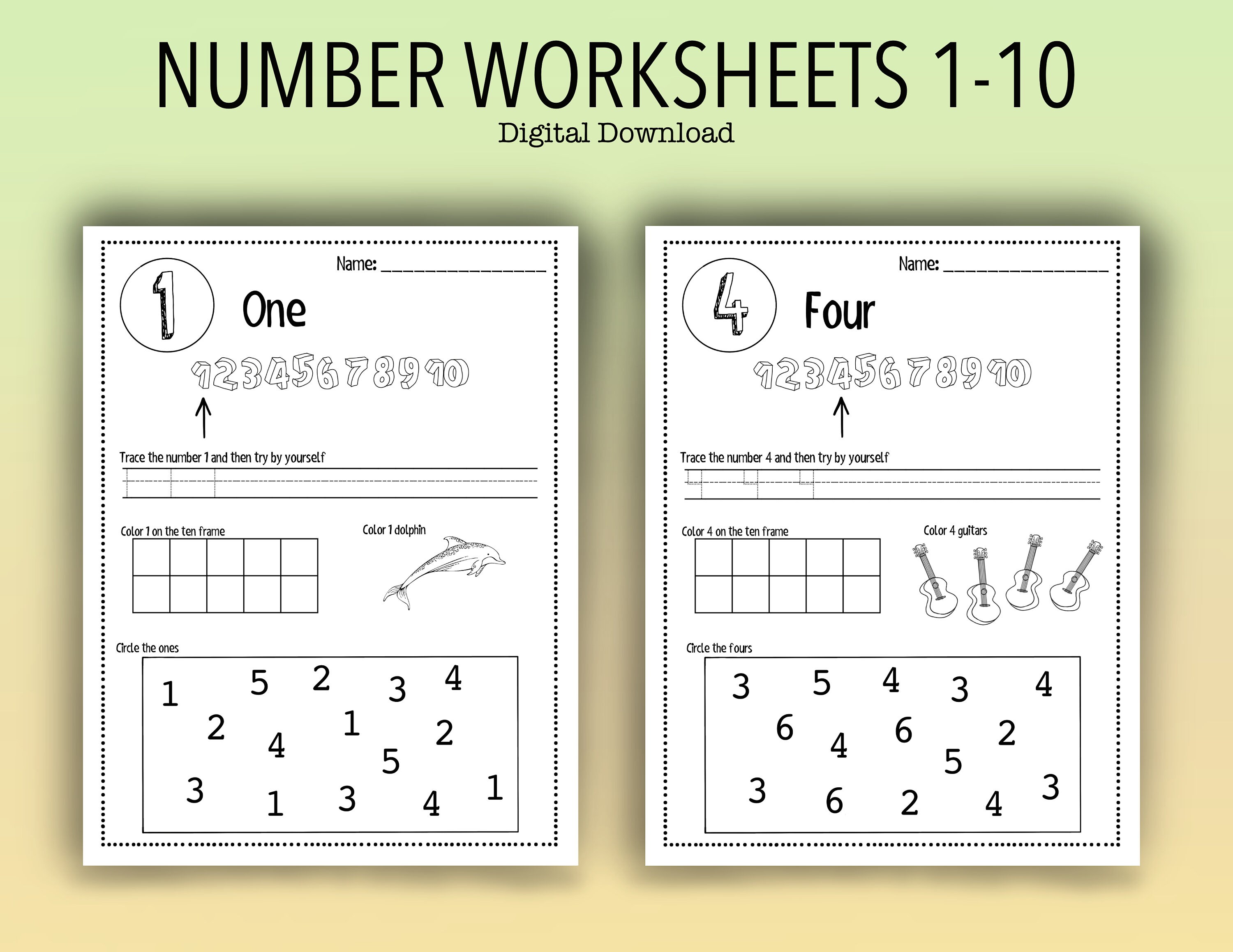 Kids Printable Number Recognition Worksheets/ Numbers 1-10 Bundle - Etsy
