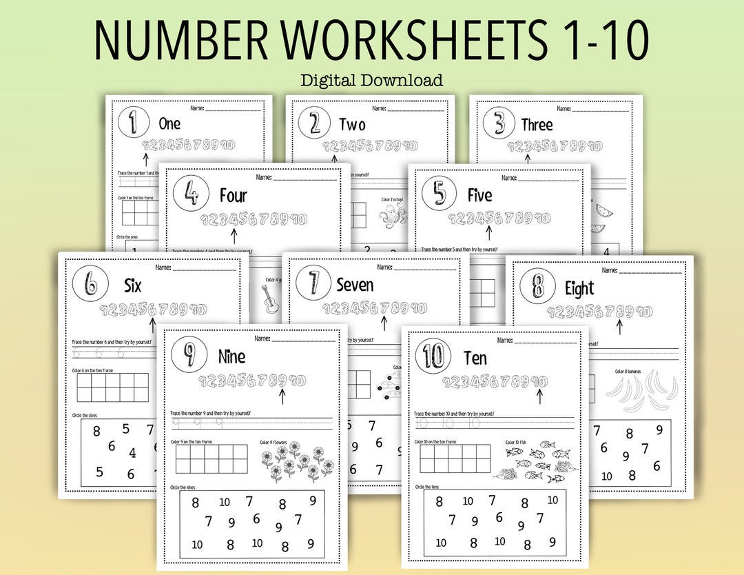 Kids Printable Number Recognition Worksheets/ Numbers 1-10 Bundle - Etsy